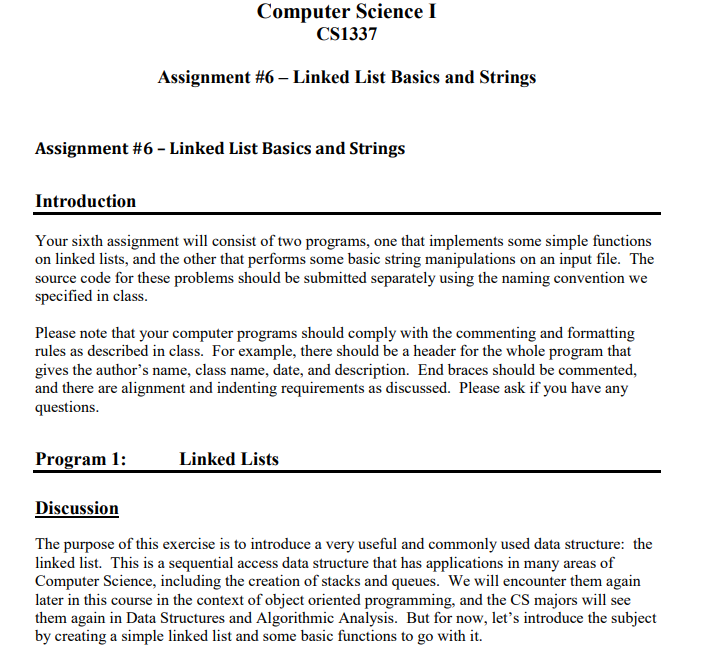 Solved Computer Science I CS1337 Assignment #6 - Linked List | Chegg.com