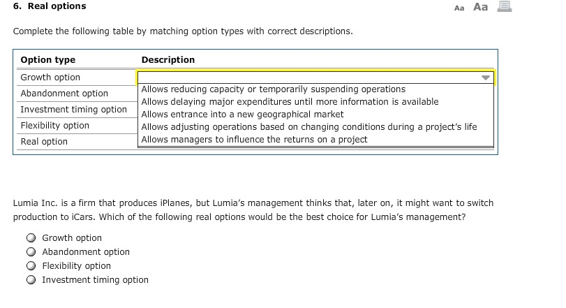 Solved 6. Real options Aa Aa Complete the following table by | Chegg.com