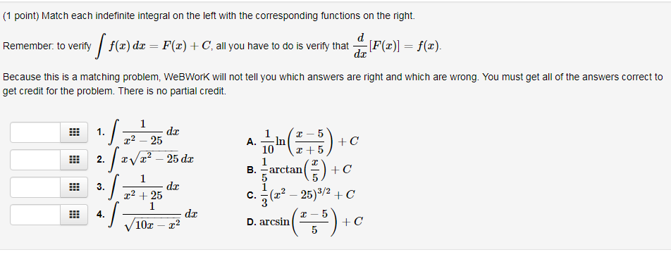 Solved (1 point) Match each indefinite integral on the left | Chegg.com