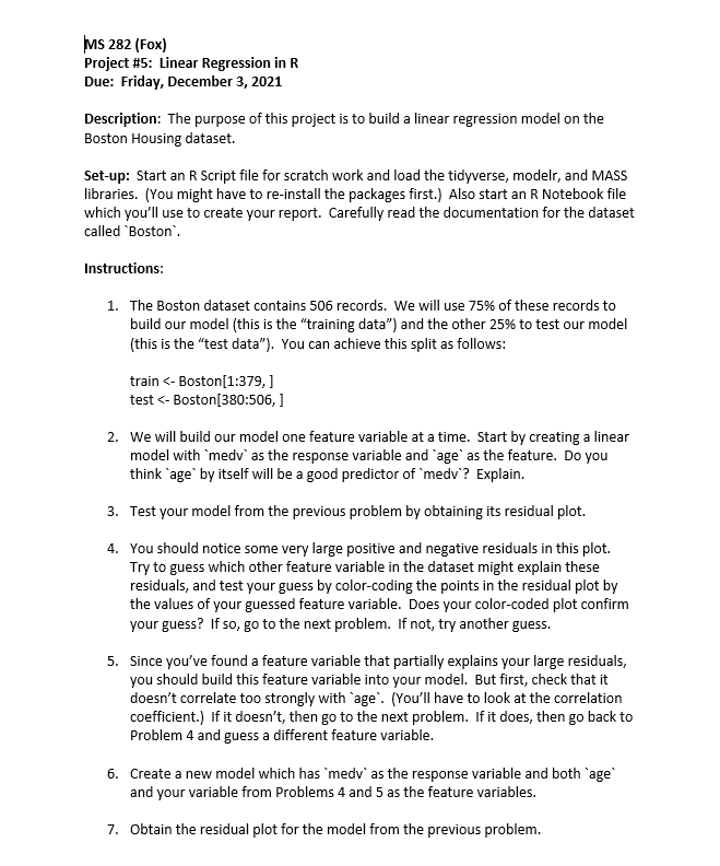 Solved MS 282 (Fox) Project #5: Linear Regression in R Due: | Chegg.com