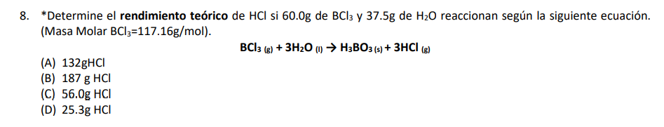 Solved 8. ∗ Determine el rendimiento teórico de HCl si 60.0 | Chegg.com