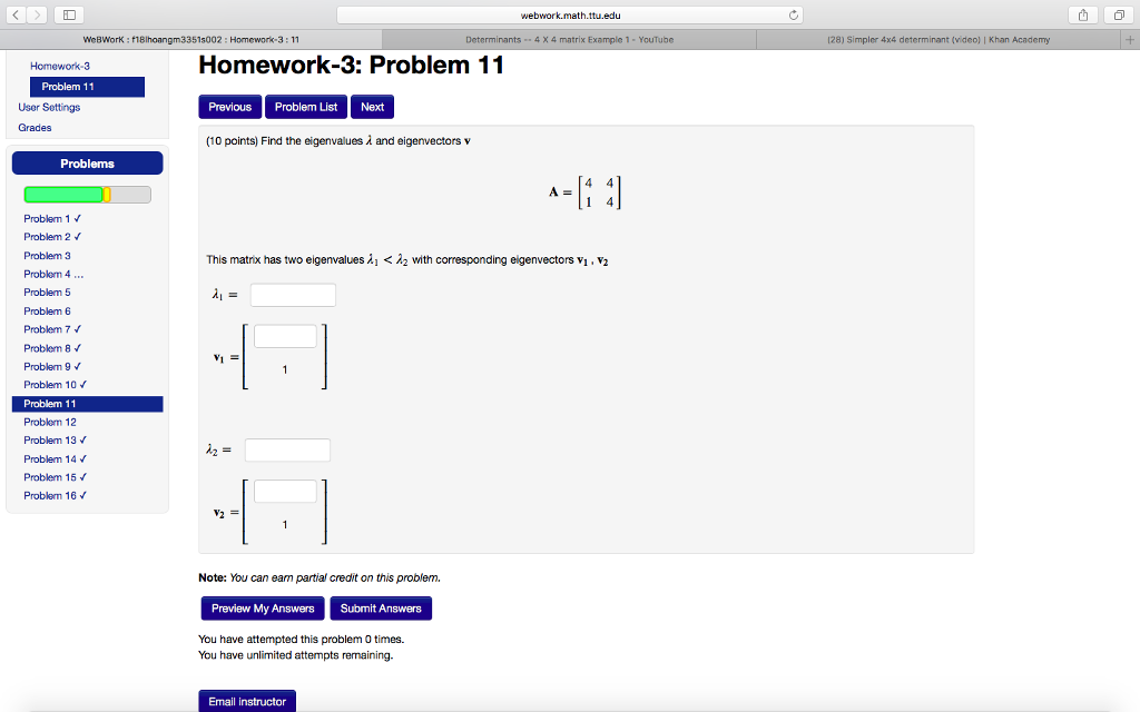 Solved webwork.math.ttu.edu Determinants-4 X 4 matrix | Chegg.com
