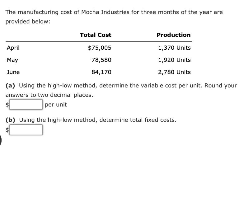 Solved The manufacturing cost of Mocha Industries for three | Chegg.com