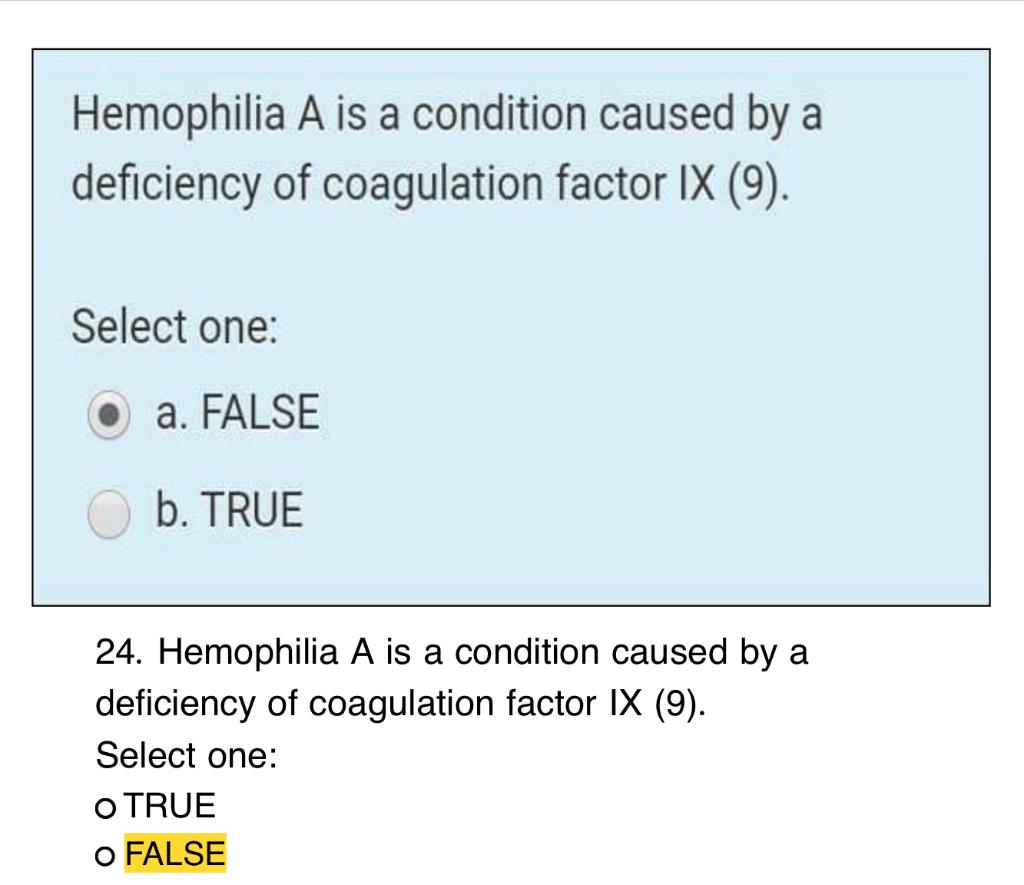 Solved Hemophilia A is a condition caused by a deficiency of | Chegg.com