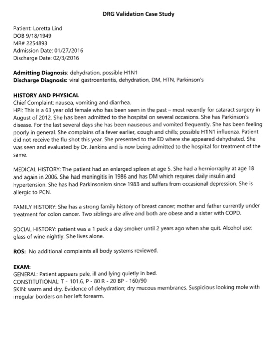 Solved DRG Validation Case Study Patient: Loretta Lind DOB | Chegg.com