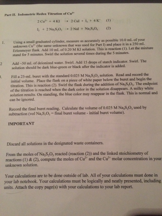 Solved Part II. Iodometric Redox Titration of Cu l; + 2 | Chegg.com