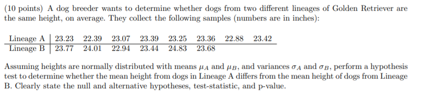 Solved (10 points) A dog breeder wants to determine whether | Chegg.com