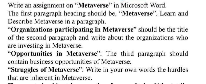 Solved Write an assignment on “Metaverse" in Microsoft Word. | Chegg.com