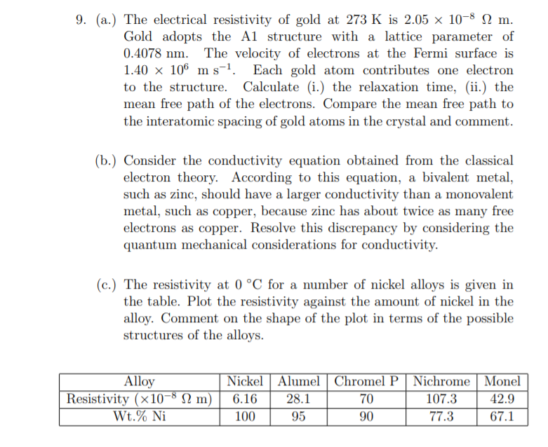 Solved 9. (a.) The electrical resistivity of gold at 273 K | Chegg.com