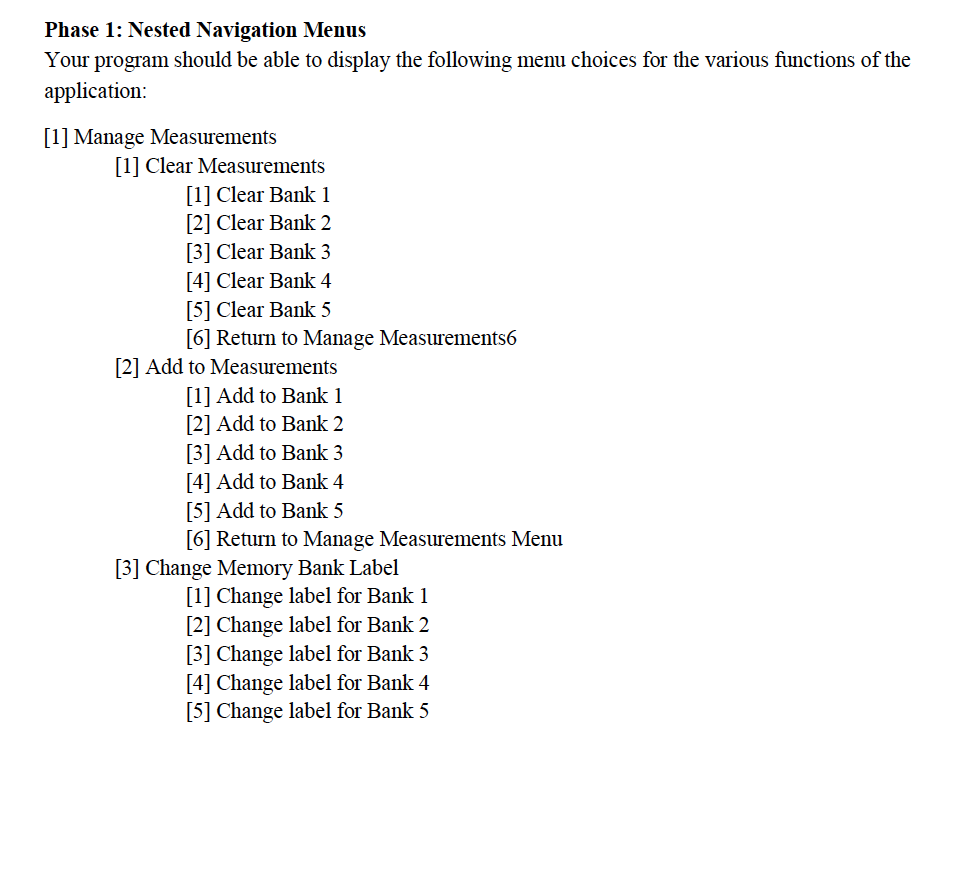 Phase 1: Nested Navigation Menus Your program should | Chegg.com