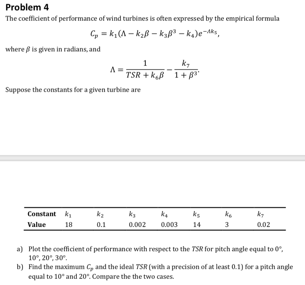 Problem 4 The coefficient of performance of wind | Chegg.com