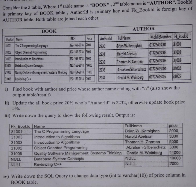 Solved Consider the 2 table, Where 1st table name is "BOOK", | Chegg.com
