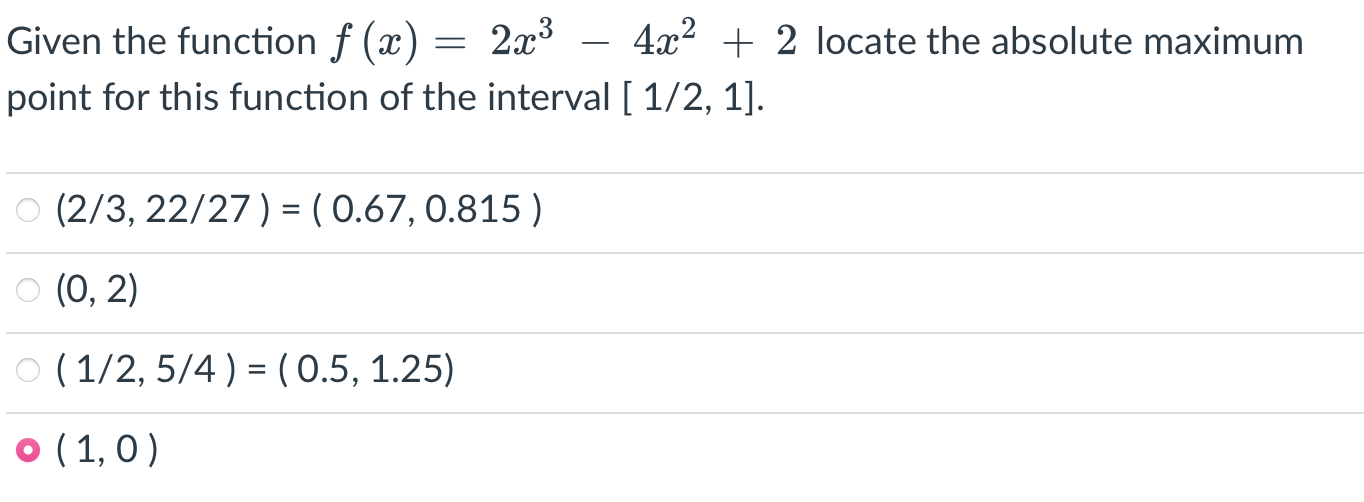 Solved Given the function f(x)=2x3−4x2+2 locate the absolute | Chegg.com