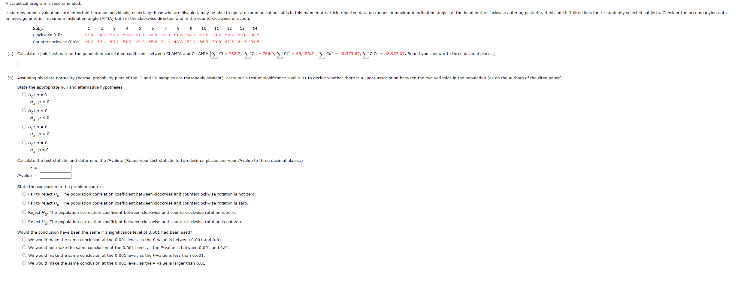 Solved A statistical program is recommended. Head movement | Chegg.com