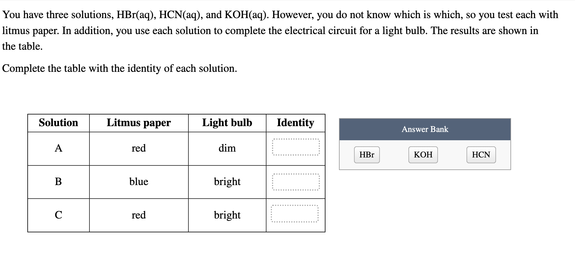 Solved You have three solutions, HBr(aq),HCN(aq), and | Chegg.com