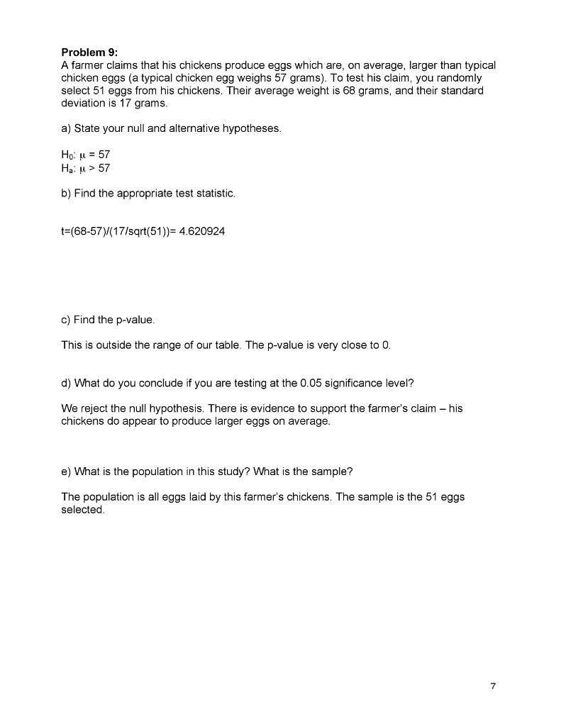 Solved Problem 9: A farmer claims that his chickens produce | Chegg.com