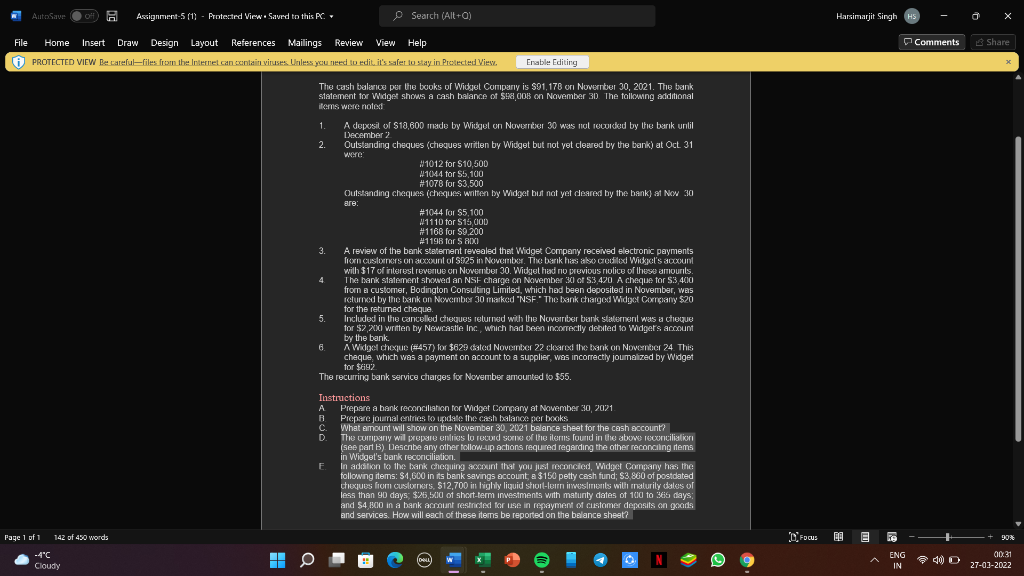 Solved AutoSave oh Assignment 5 (1) - Protected ViewSaved to | Chegg.com