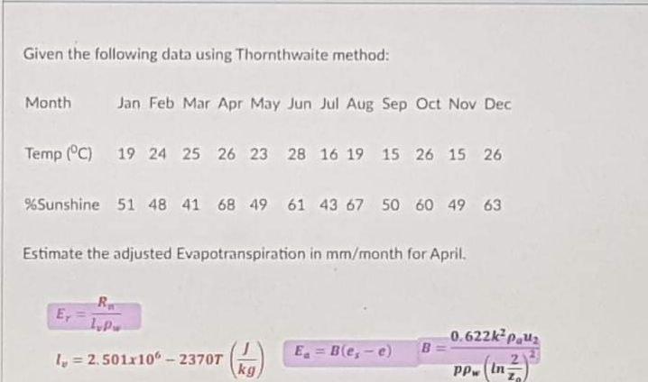 Solved Given the following data using Thornthwaite method: | Chegg.com