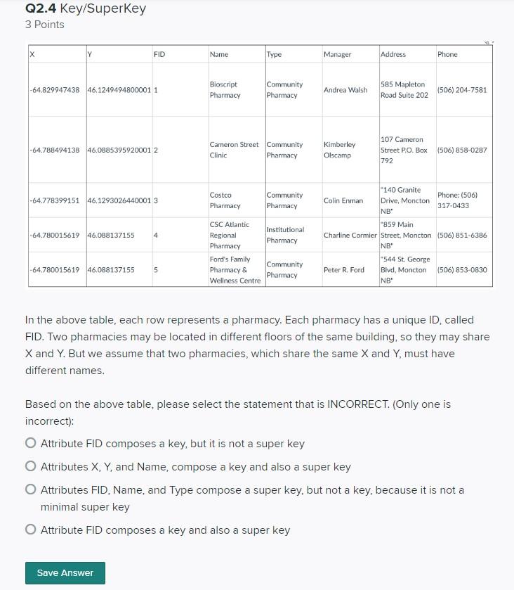 Solved Q2.4 Key/SuperKey 3 Points In the above table, each | Chegg.com