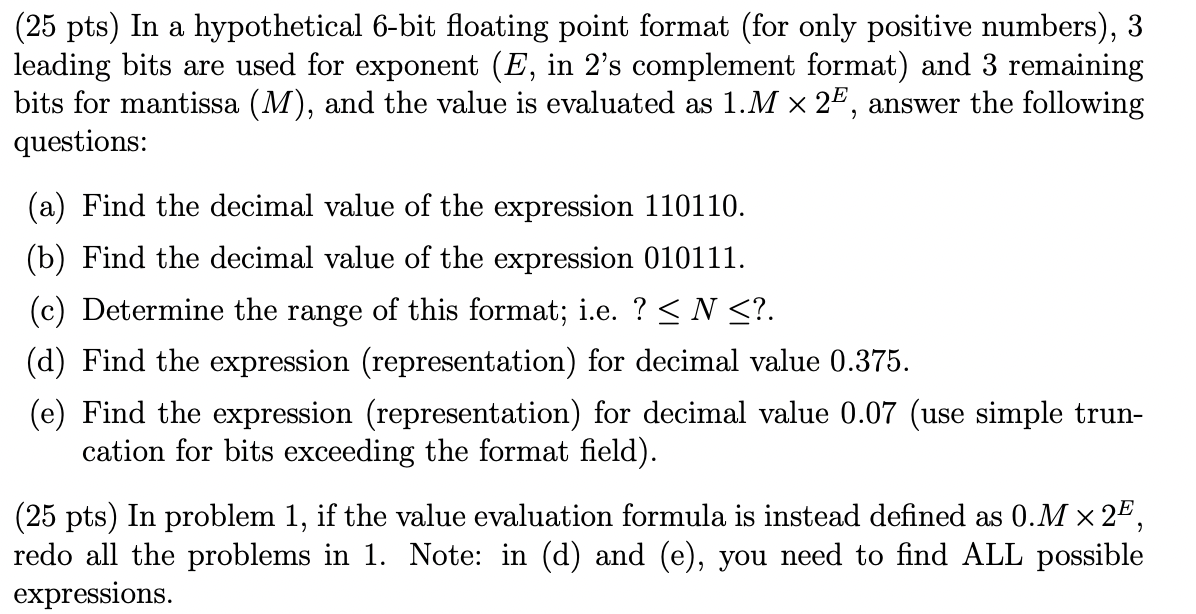 Solved (25 pts) In a hypothetical 6-bit floating point | Chegg.com