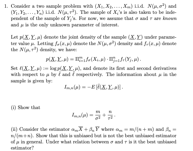 Consider a two sample problem with (X1,X2,…,Xm) | Chegg.com