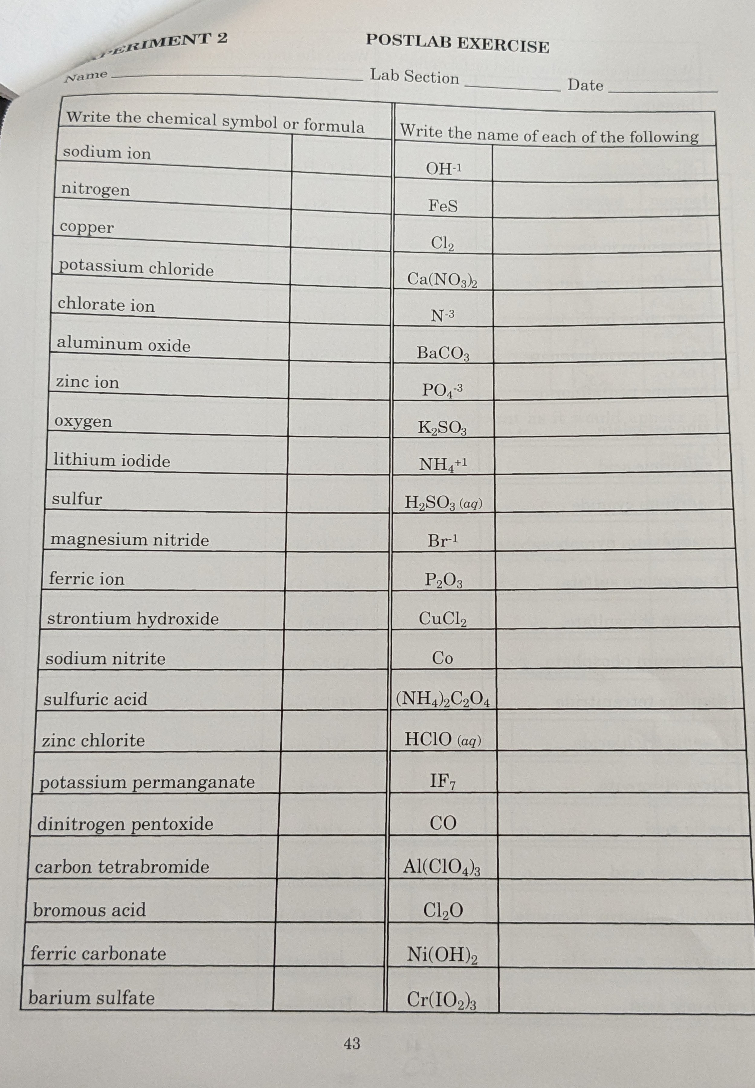 Solved Name RIMENT 2 POSTLAB EXERCISE Lab Section Date | Chegg.com