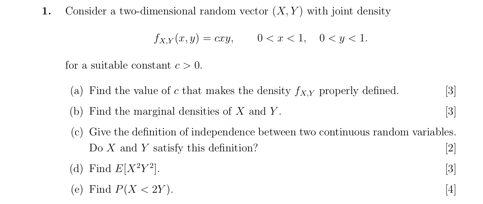Solved 1. Consider a two-dimensional random vector (X,Y) | Chegg.com