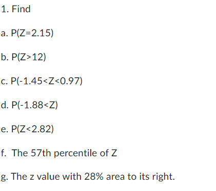 Solved 1. Find a. P(Z=2.15) b. P(Z>12) c. P(−1.45 | Chegg.com