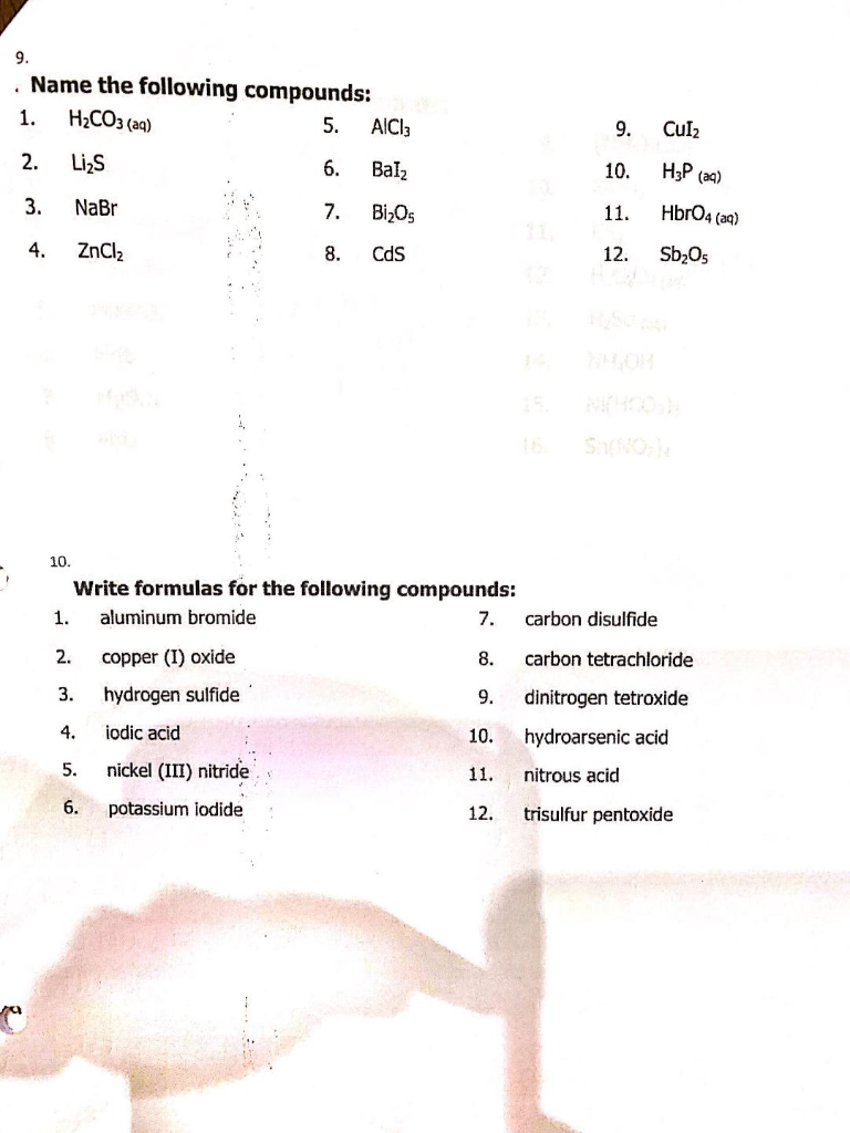 Solved 9. Name the following compounds: 1. H2CO3(aq) 5. | Chegg.com