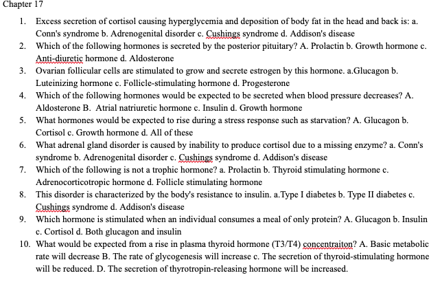 Solved Chapter 17 Excess secretion of cortisol causing | Chegg.com
