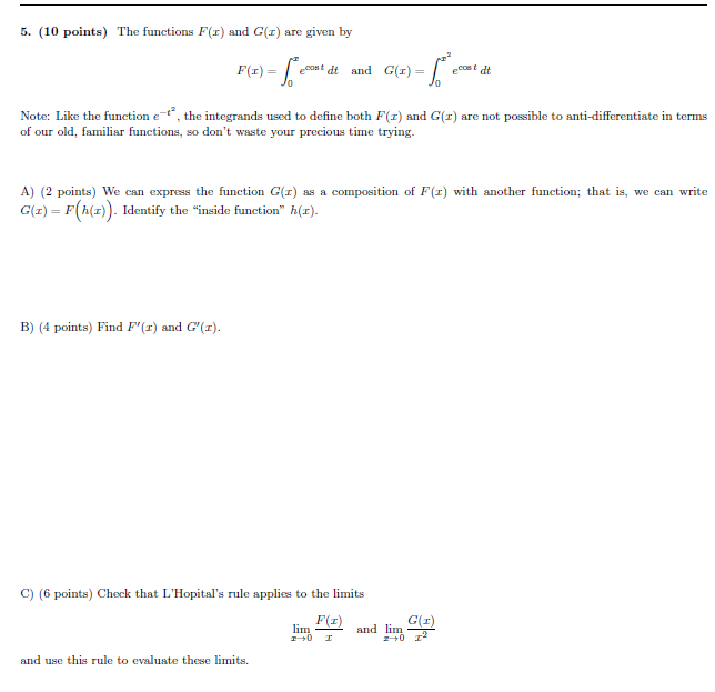 Solved 5. (10 points) The functions F(I) and G(I) are given | Chegg.com