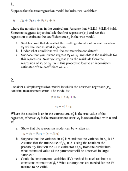 1. Suppose that the true regression model includes | Chegg.com