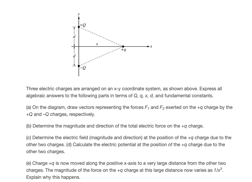 Solved +0 ·Q Three electric charges are arranged on an x-y | Chegg.com