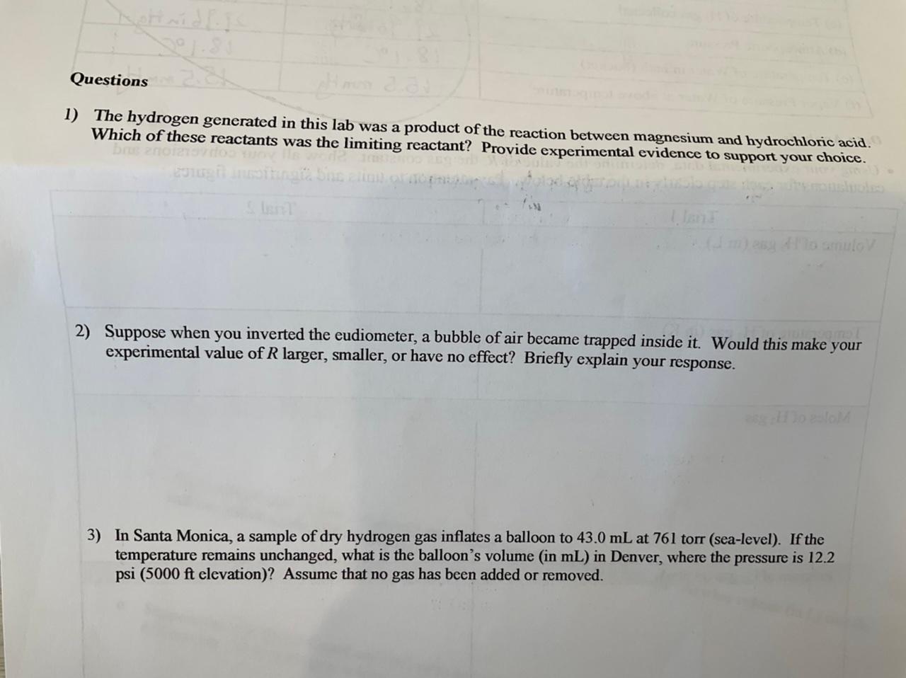 Solved 1) The hydrogen generated in this lab was a product | Chegg.com