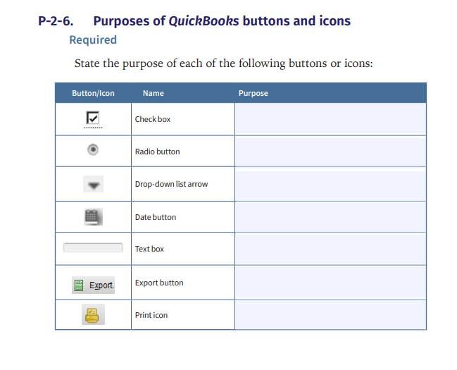 Solved P-2-6. Purposes of QuickBooks buttons and icons | Chegg.com