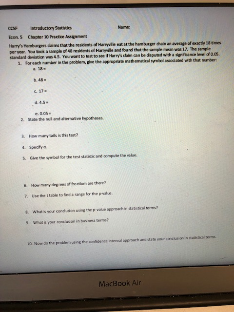 Solved CCSF Introductory Statistics Econ. 5 Chapter 10 | Chegg.com