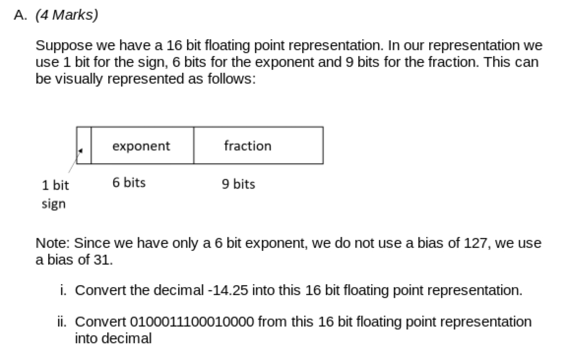Solved A. (4 Marks) Suppose we have a 16 bit floating point | Chegg.com