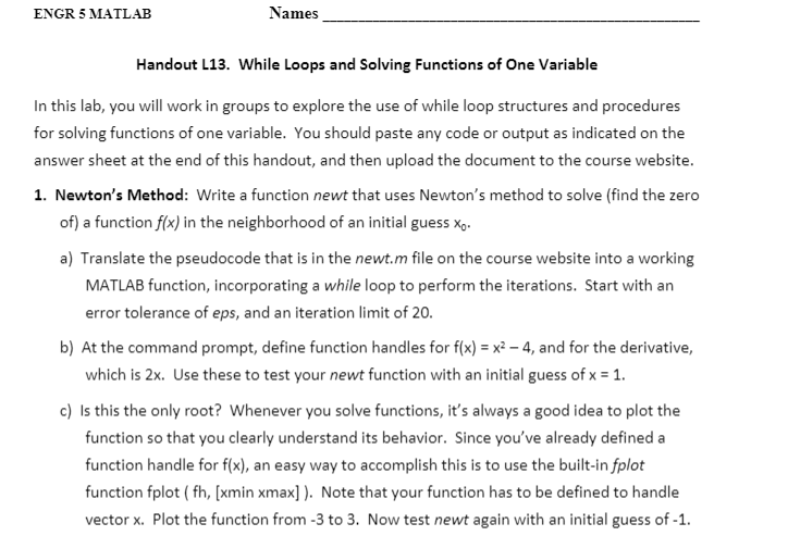 Solved ENGR 5 MATLAB Names Handout L13. While Loops and | Chegg.com