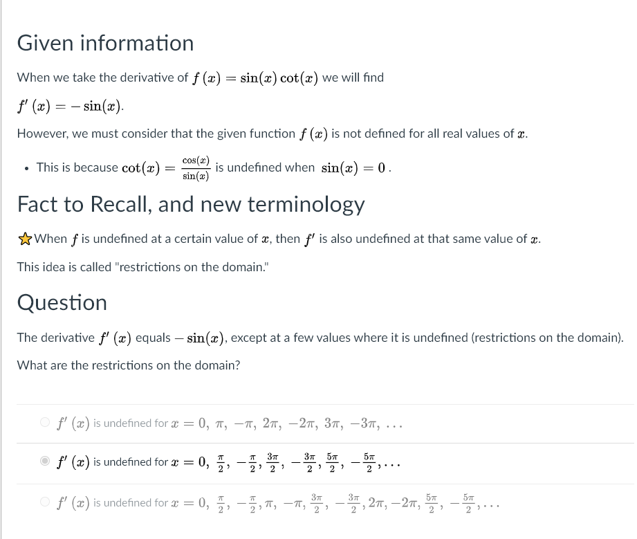 Solved Let f () = sin(x) cot(). To find f'(x), which of the | Chegg.com