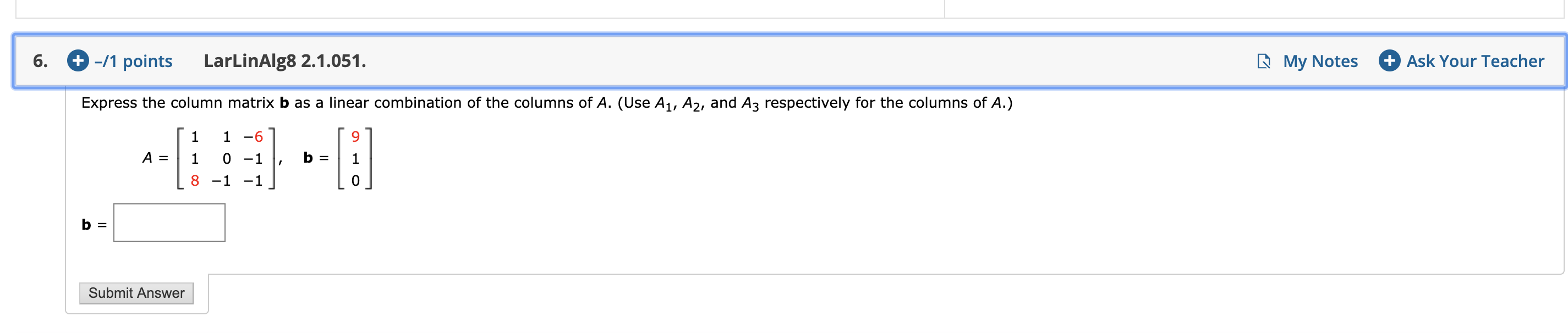 Solved -/1 points Ask Your Teacher LarLinAlg8 2.1.051. My | Chegg.com