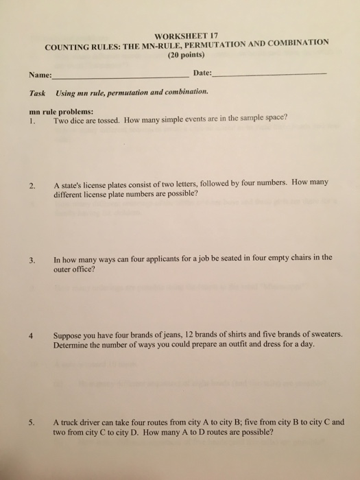 Solved WORKSHEET 17 COUNTING RULES: THE MN-RULE, PERMUTATION | Chegg.com