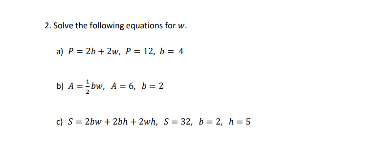 Solved 2. Solve the following equations for w. a) | Chegg.com