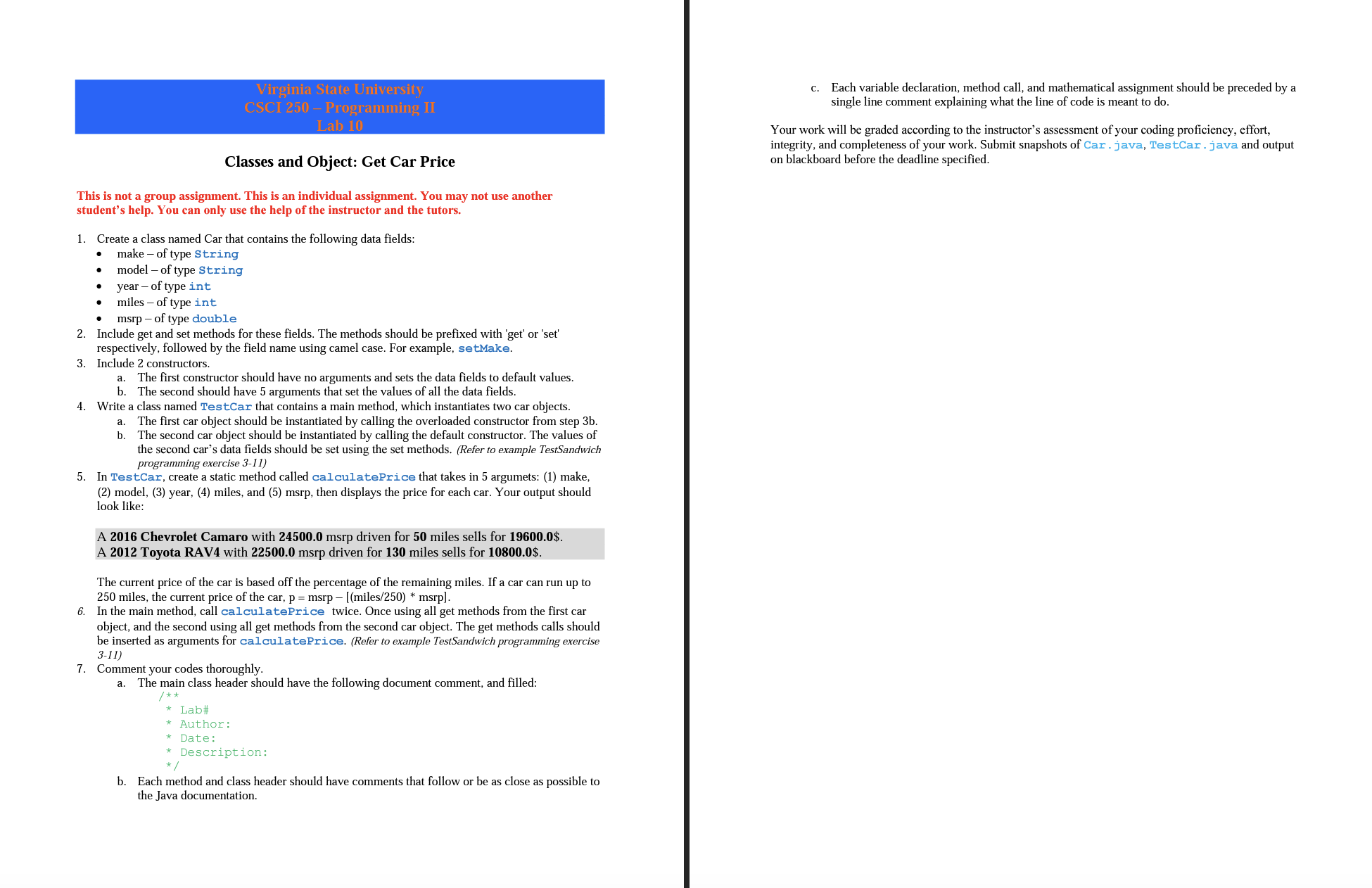 Solved c. Each variable declaration, method call, and | Chegg.com