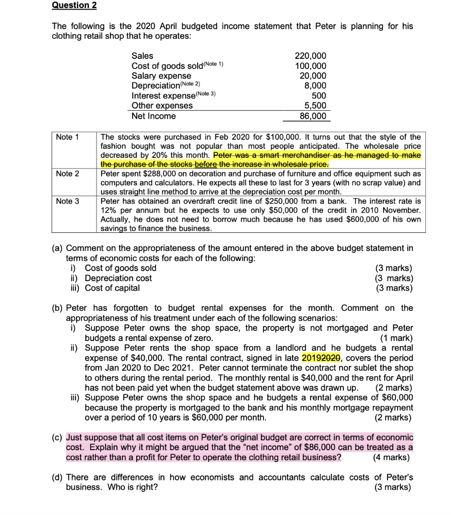 Solved Question 2 The following is the 2020 April budgeted | Chegg.com