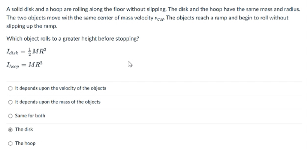Solved A solid disk and a hoop are rolling along the floor | Chegg.com