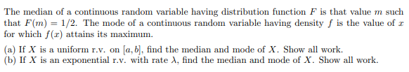 Solved The median of a continuous random variable having | Chegg.com