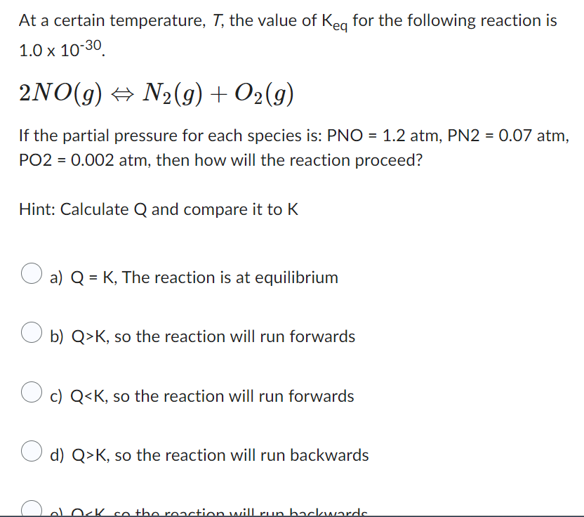 Solved At a certain temperature, T, the value of Keq for the | Chegg.com