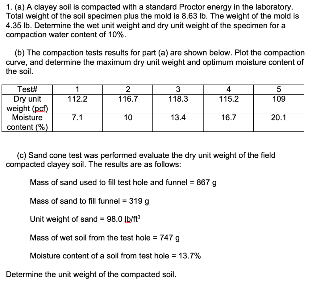 Solved 1. (a) A clayey soil is compacted with a standard | Chegg.com