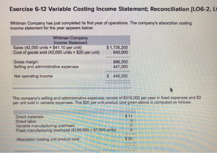 Solved Exercise 6-12 Variable Costing Income Statement; | Chegg.com