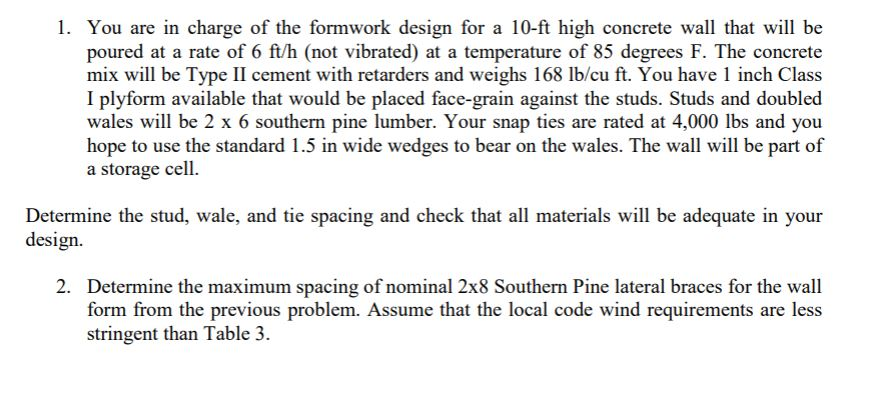 Formwork design tables and equations: | Chegg.com
